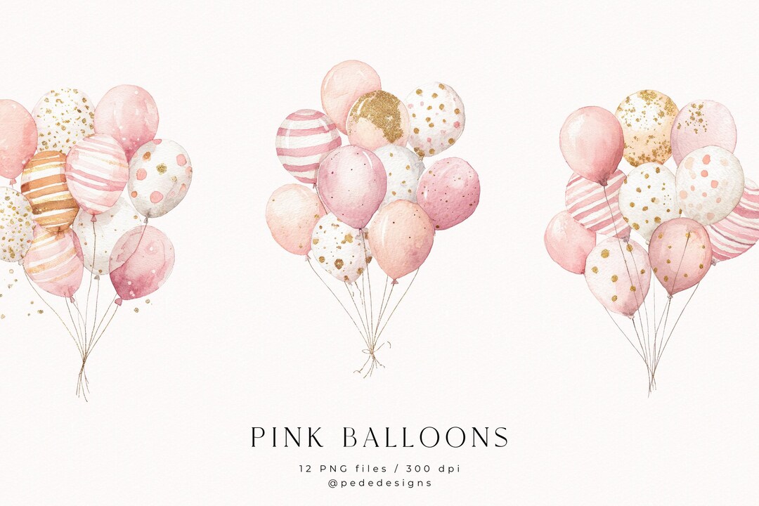 Watercolor Pink Balloons Clip Art Set: Party & Nursery Graphics (PNG ...