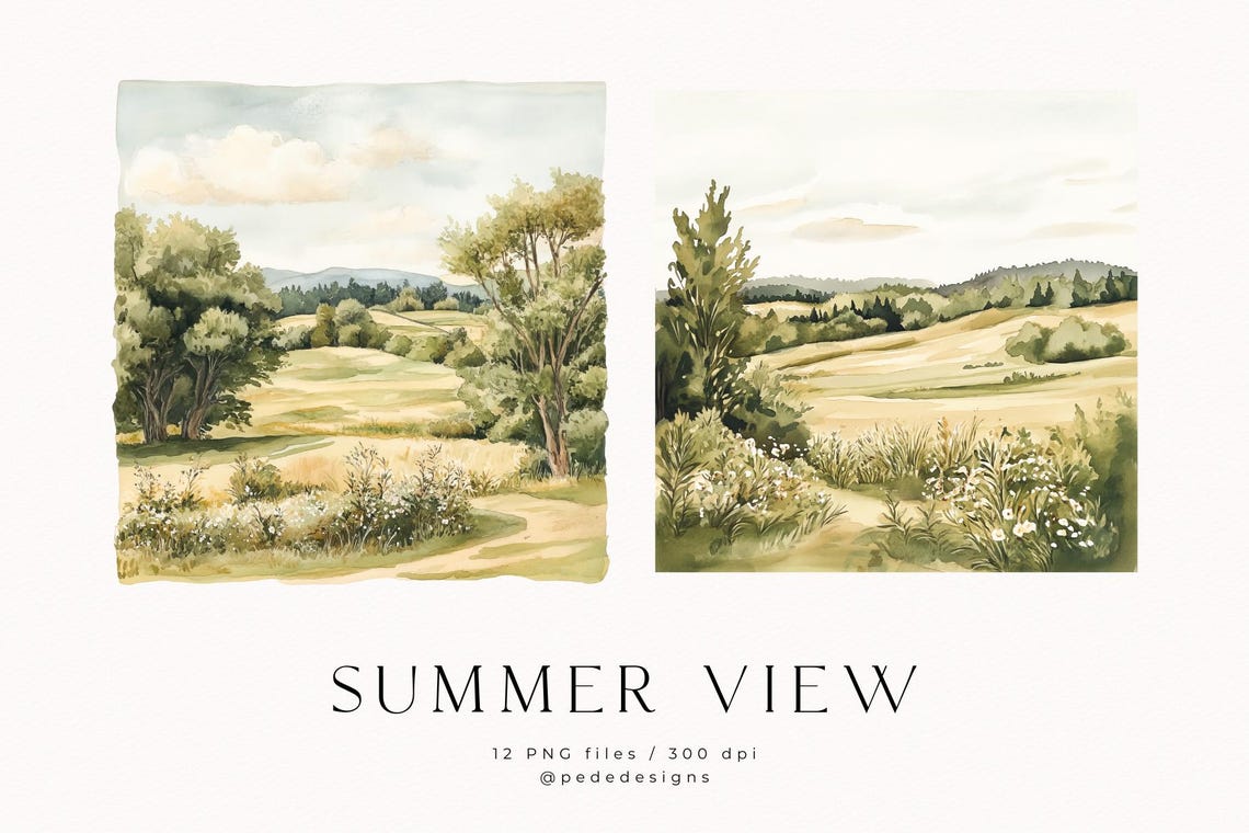 Summer View Landscape Illustration, Watercolor View Clipart, Travel ...