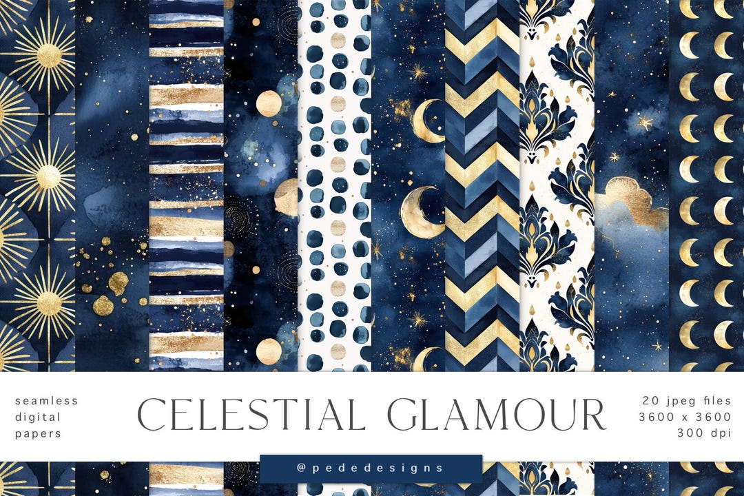 Celestial Glamour Digital Papers Set, Moon Digital Paper Pack, Gold ...