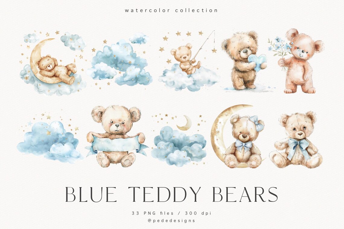 Blue Teddy Bears Clip Art Set, Watercolor, Boys Plush Animals, Nursery ...