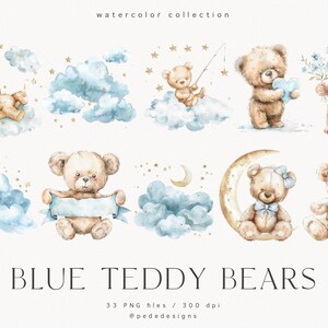 Blue Teddy Bears Clip Art Set, Watercolor, Boys Plush Animals, Nursery ...