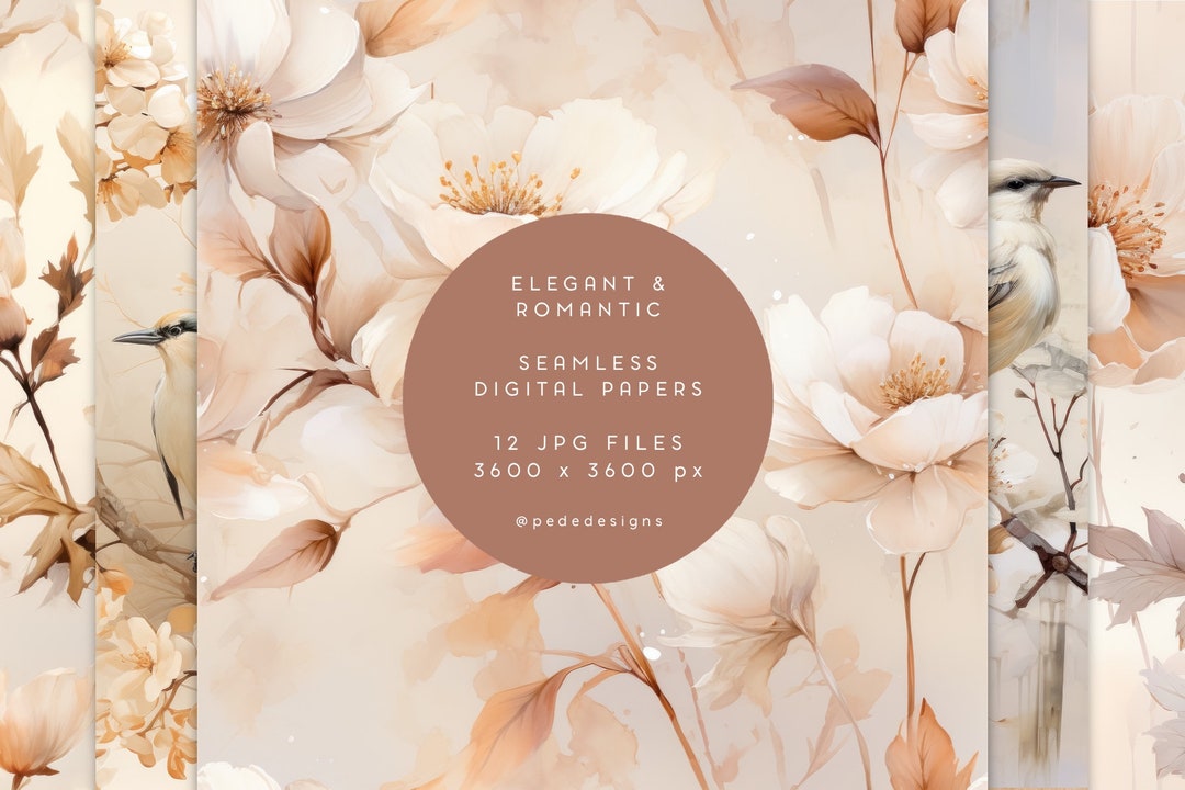 Elegant & Romantic Digital Paper Pack, Floral Seamless Paper, Birds ...