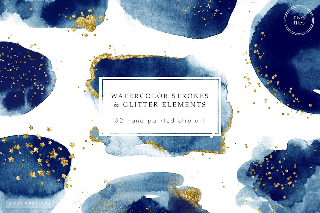 Watercolor Strokes Clipart, Gold Glitter, Navy Blue Watercolor Splash ...