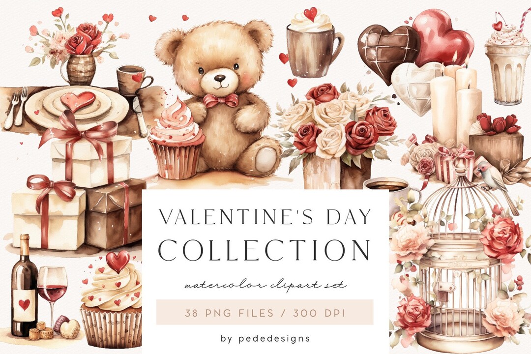 Valentine’s Day Watercolor Clipart Set | Cute Bears, Gifts & Sweets - Etsy