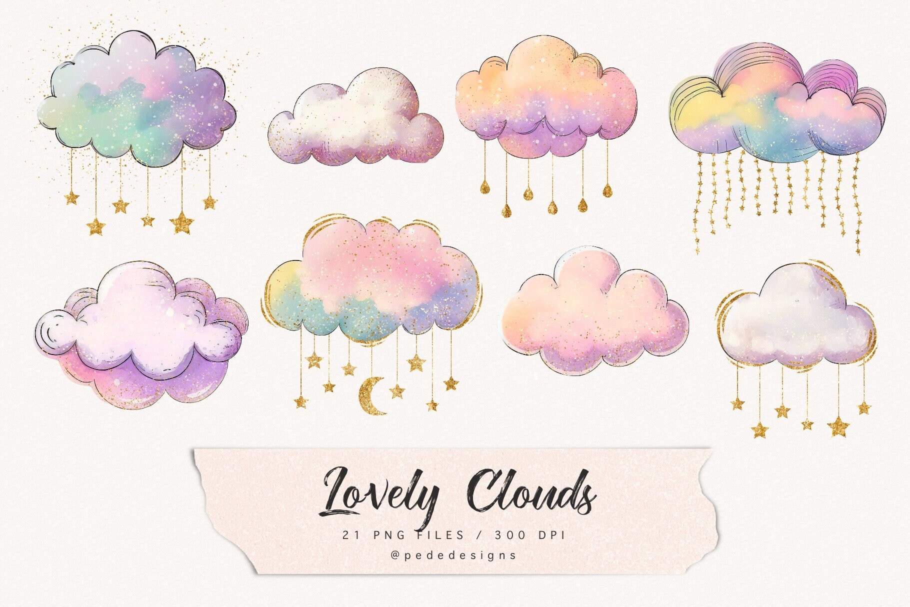 Lovely Clouds Clipart Clouds With Stars Glitter Clipart - Etsy Canada