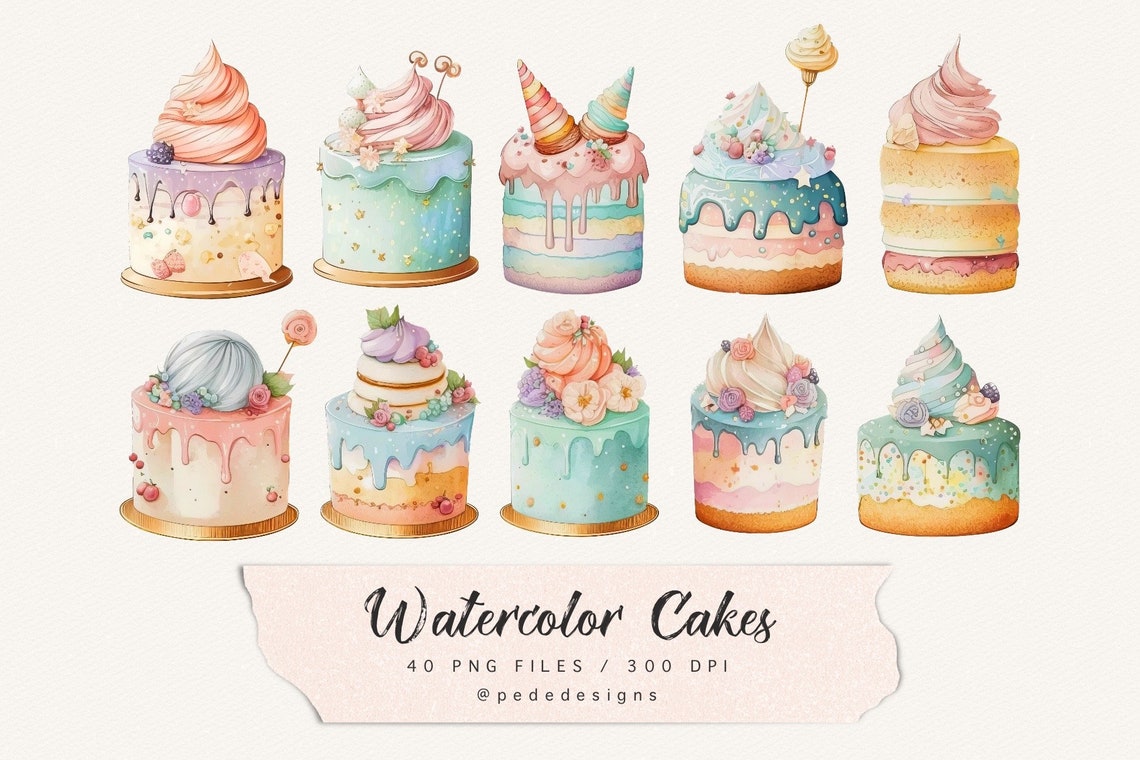 Watercolor Cakes Clip Art Birthday Clipart Dessert - Etsy