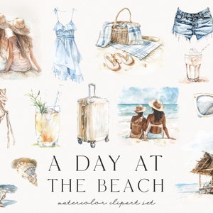A Day at the Beach, Watercolor Summer Clipart, Travel Graphics, Girl ...