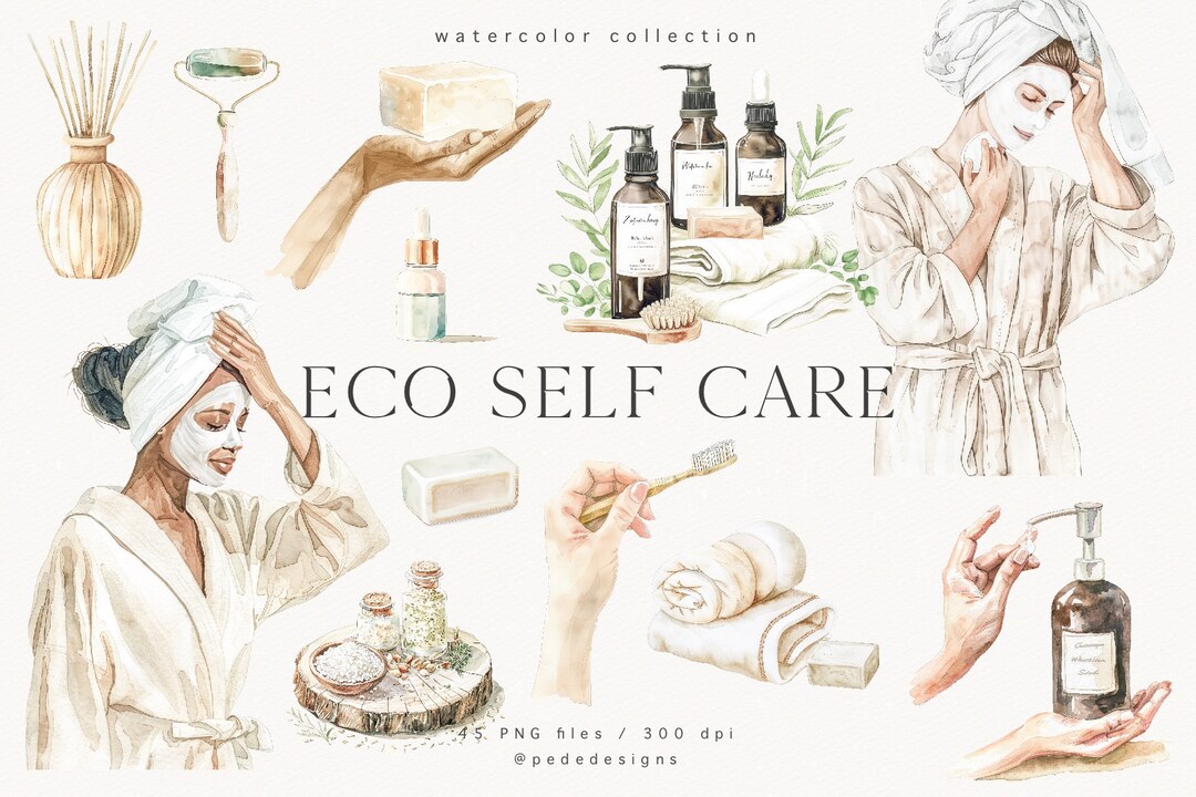Watercolor Self Care Clipart: Spa Day, Cosmetics, & Eco Elements (PNG ...