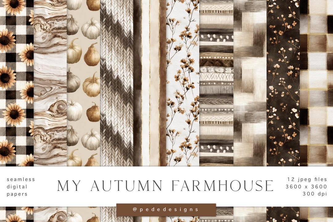 Autumn Farmhouse Digital Paper Set: Plaid & Pumpkins (seamless, 12"x12 ...