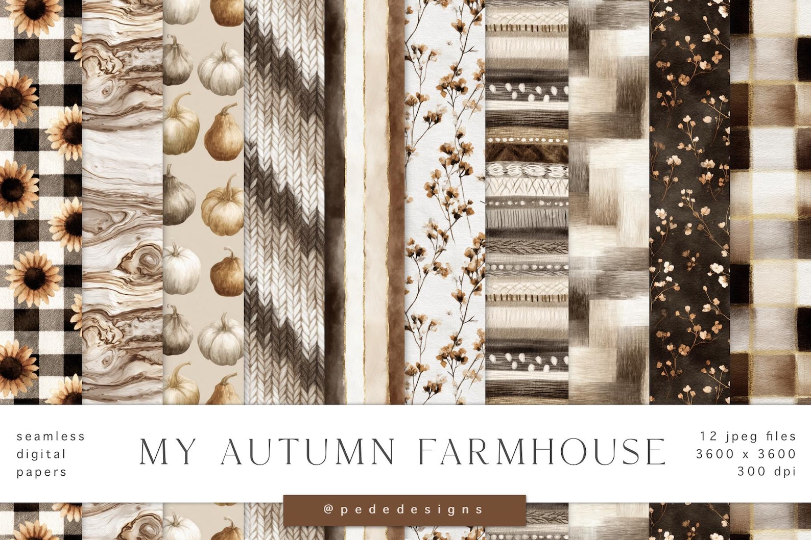 Autumn Farmhouse Digital Paper Set: Plaid & Pumpkins (seamless, 12"x12 ...