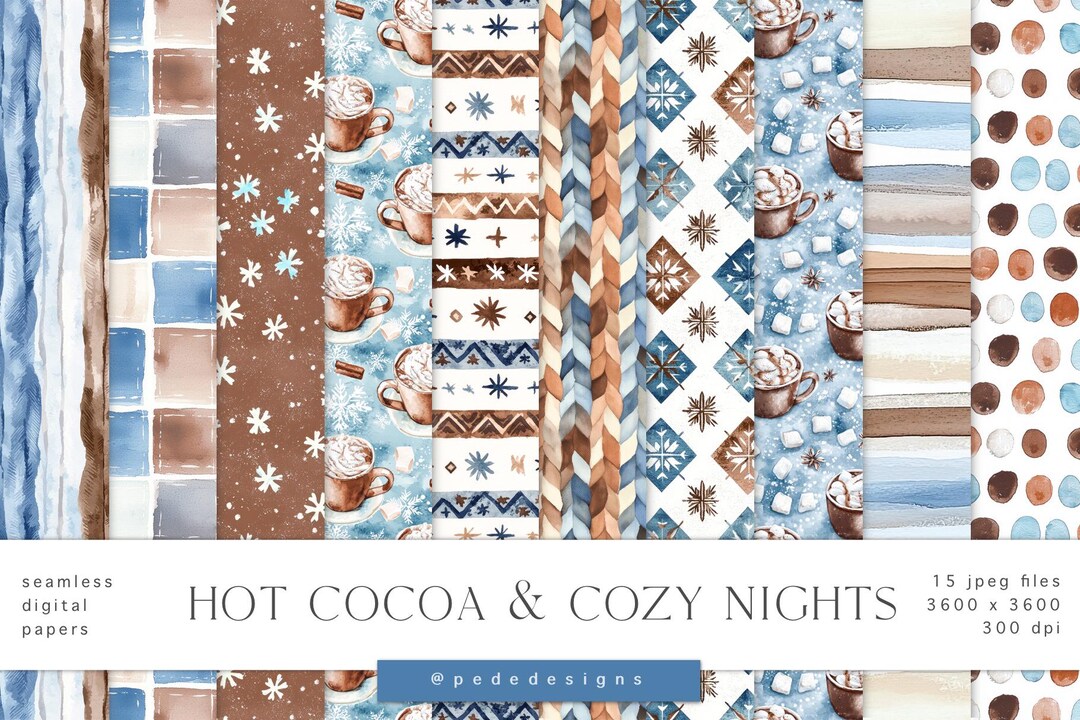 Hot Cocoa & Cozy Nights Digital Papers, Watercolor Winter Digital ...