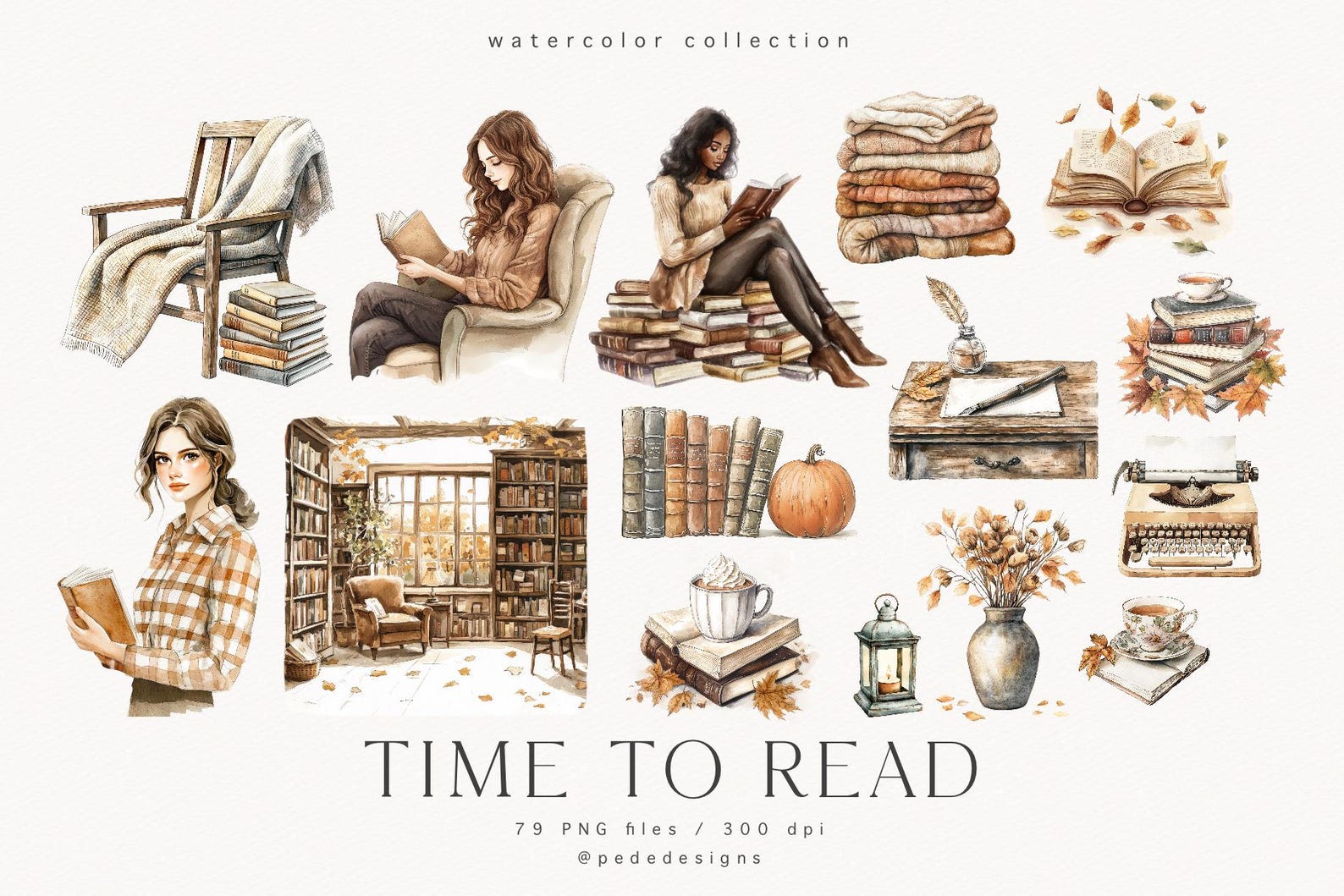 Time to Read Clipart Bundle, Watercolor Cozy Clipart, Books Lover ...