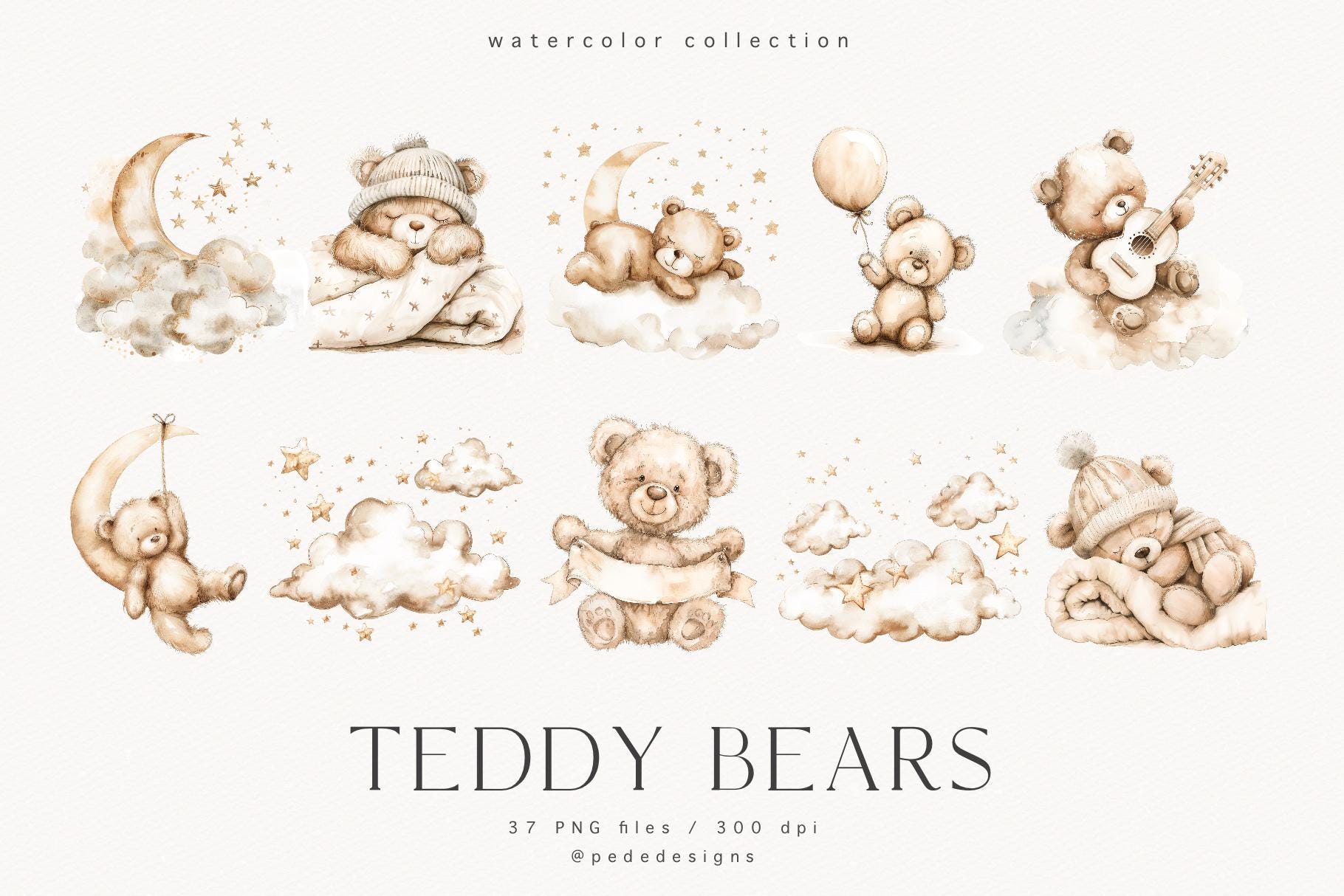 Teddy Bears Clip Art Set, Watercolor Clipart, Plush Animals, Nursery ...
