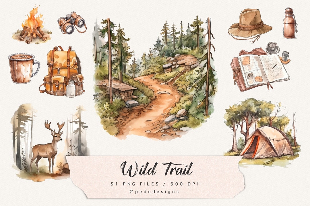 Wild Trail Illustrations, Tent Clip Art, Travel Graphics, Forest ...