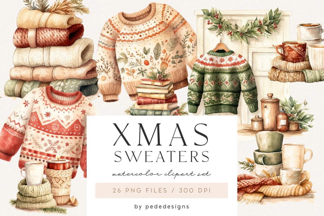 Christmas Sweaters Clipart, Watercolor Cozy Christmas, Xmas Clipart ...