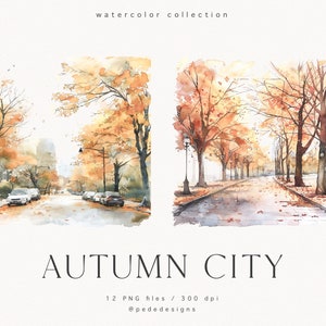 Autumn City Clip Art Set, Autumn Town, Watercolor Fall Scenery, Autumn ...