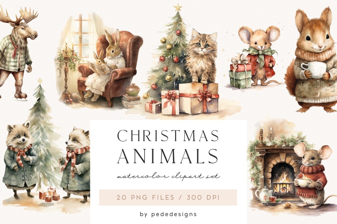 Christmas Animals Clipart, Watercolor Christmas, Xmas Illustration ...