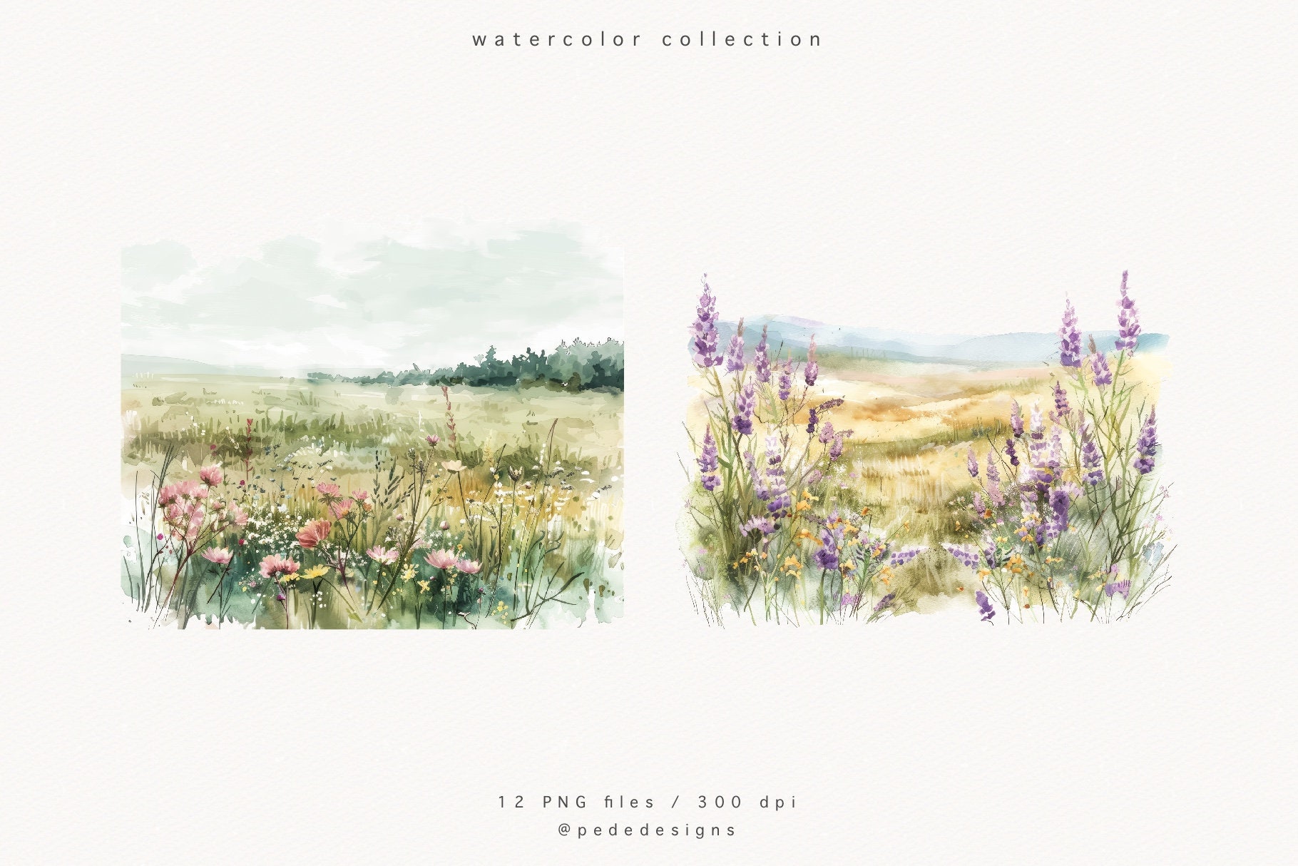 Watercolor Summer Landscape Clipart: Meadow, Mountains, Floral Field ...