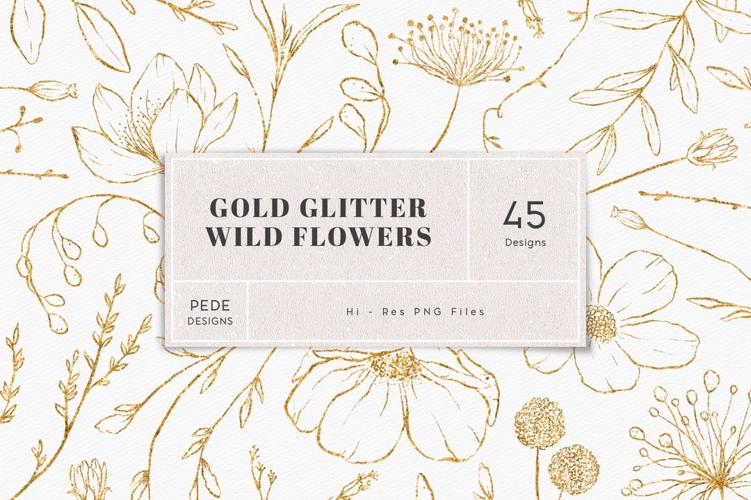 Gold Glitter Wild Flowers, Gold Floral Clip Art, Glitter Leaves, Meadow ...