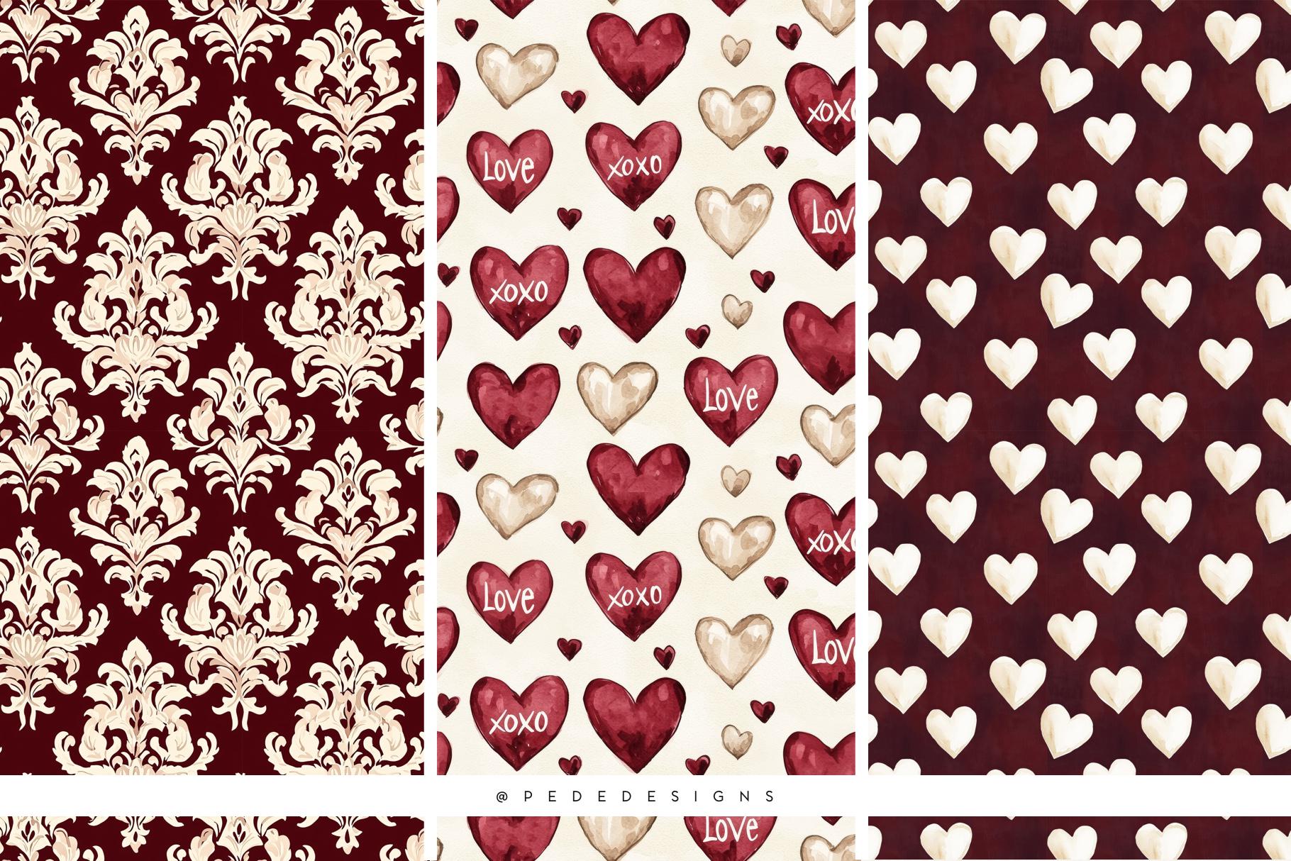 Watercolor Valentine Digital Papers | Burgundy & Rose Seamless Patterns ...