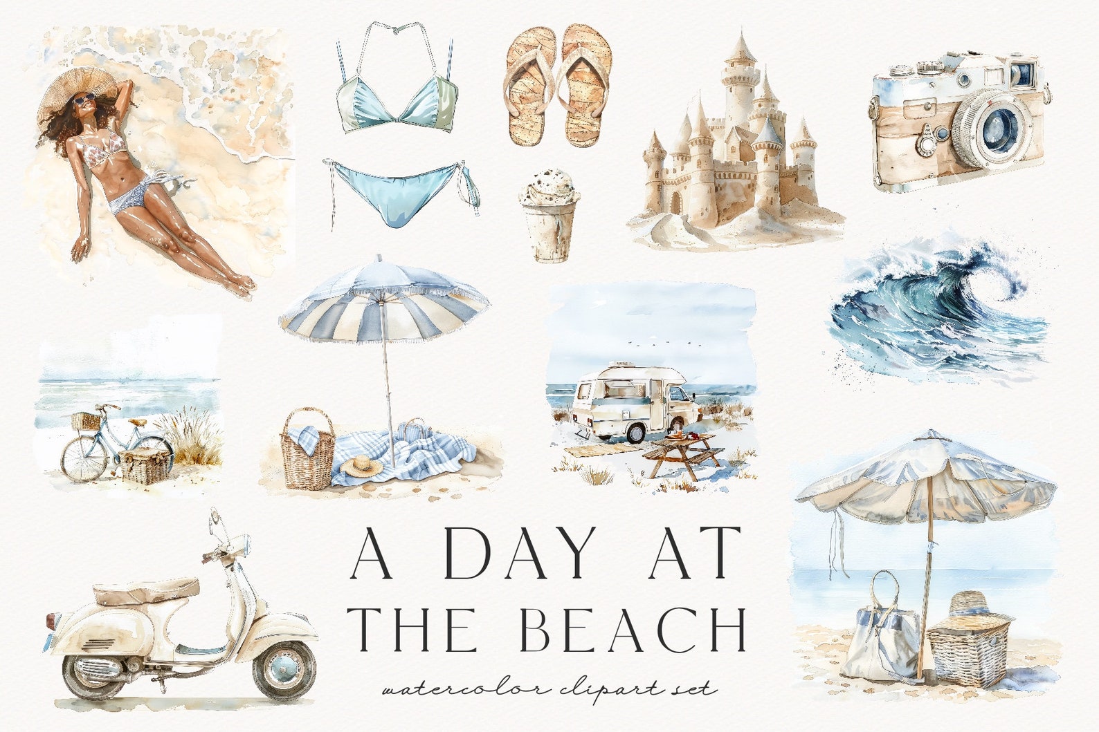 A Day at the Beach, Watercolor Summer Clipart, Travel, Girl Clipart ...