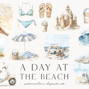 A Day at the Beach, Watercolor Summer Clipart, Travel, Girl Clipart ...
