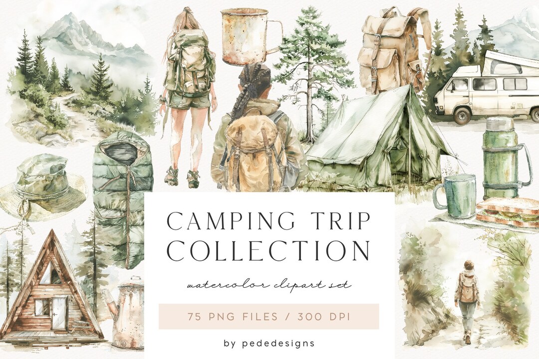 Camping Trip Collection, Watercolor Clipart, Tent Png, Travel Graphics ...