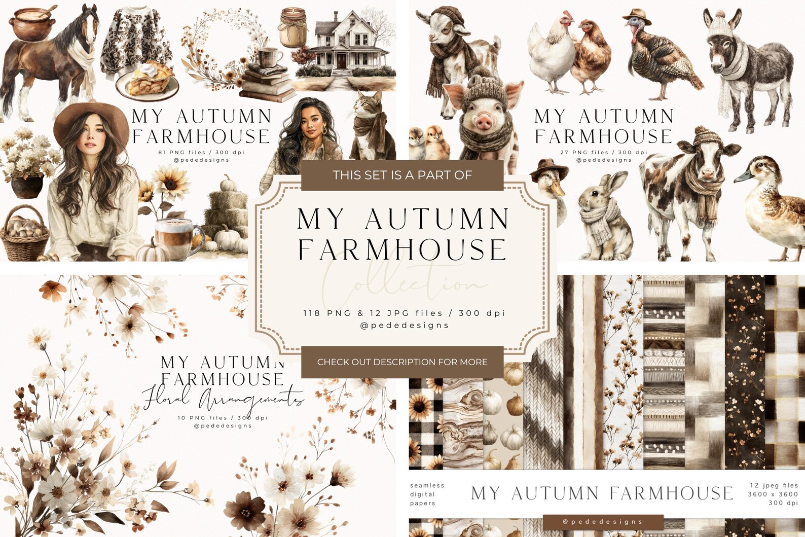 Autumn Farmhouse Digital Paper Set: Plaid & Pumpkins (seamless, 12"x12 ...