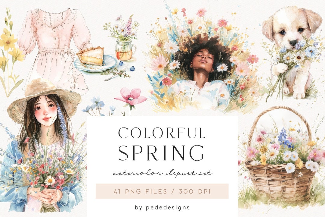 Colorful Spring Collection, Watercolor Spring Graphics, Girl Clipart ...