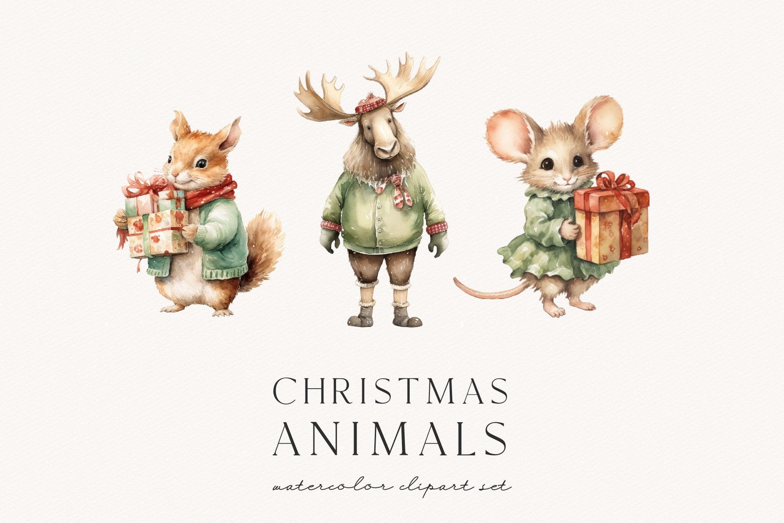 Christmas Animals Clipart, Watercolor Christmas, Xmas Illustration ...