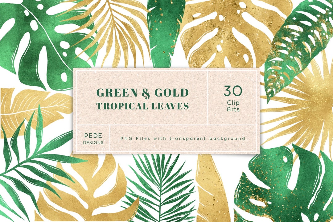 Green & Gold Tropical Leaves Clip Art, Botanical, Monstera, Gold Foil ...