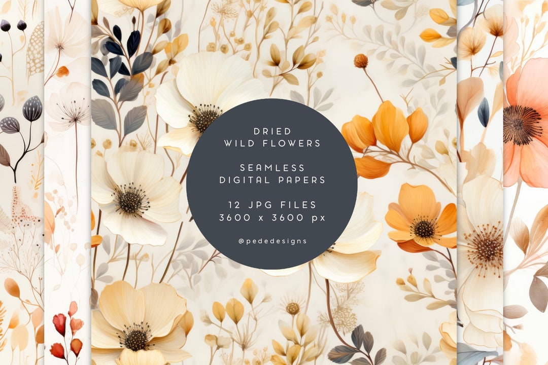 Dried Wild Flowers Digital Paper Pack, Watercolor Floral Pattern ...