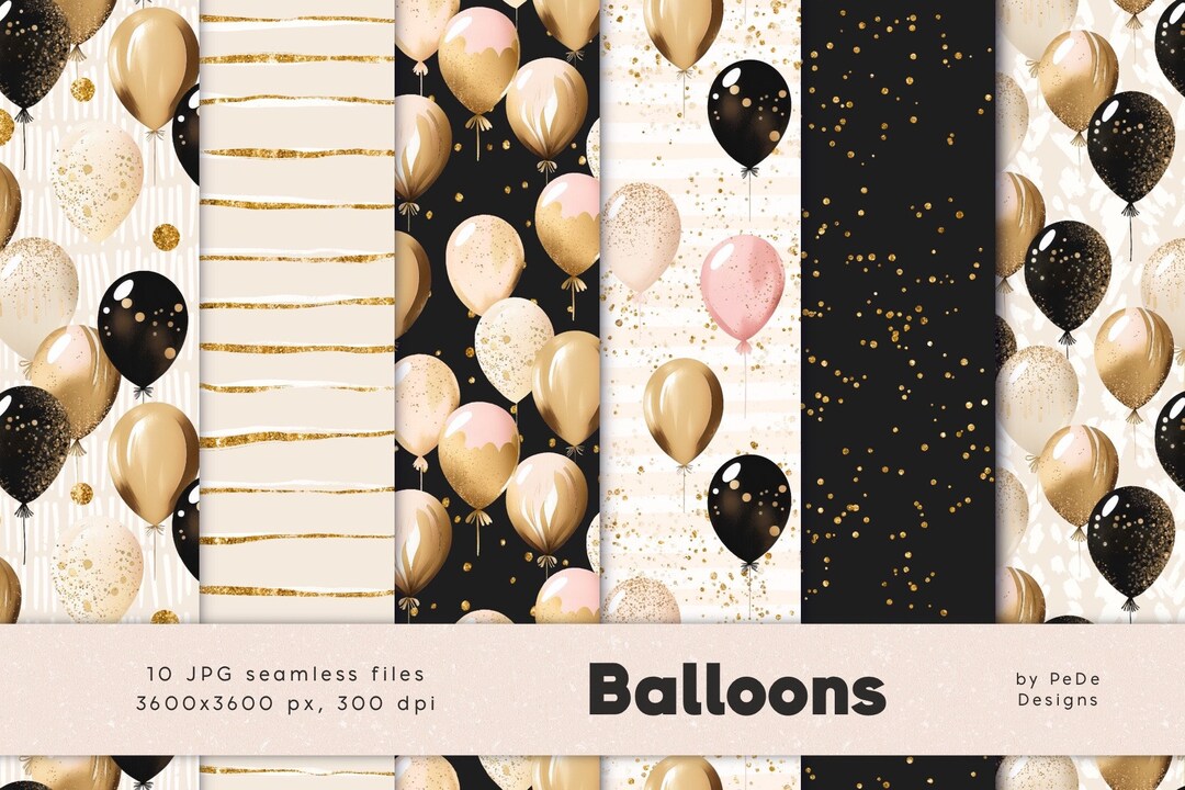 Balloons Digital Papers, Seamless Celebration Pattern, Gold and Black ...