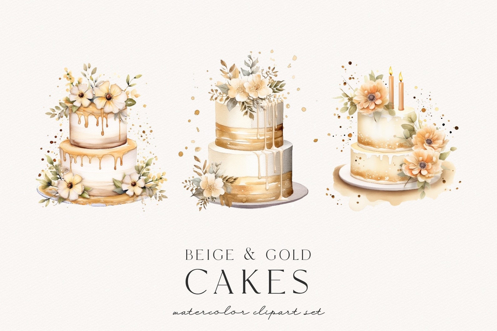 Beige & Gold Cakes Clipart, Wedding Clipart, Birthday Cake Illustration ...