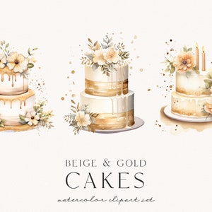 Beige & Gold Cakes Clipart, Wedding Clipart, Birthday Cake Illustration ...