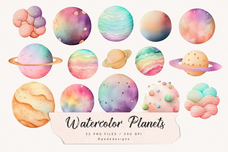 Watercolor Planet Clip Art, Planets Clipart, Solar System, Earth, Moon ...