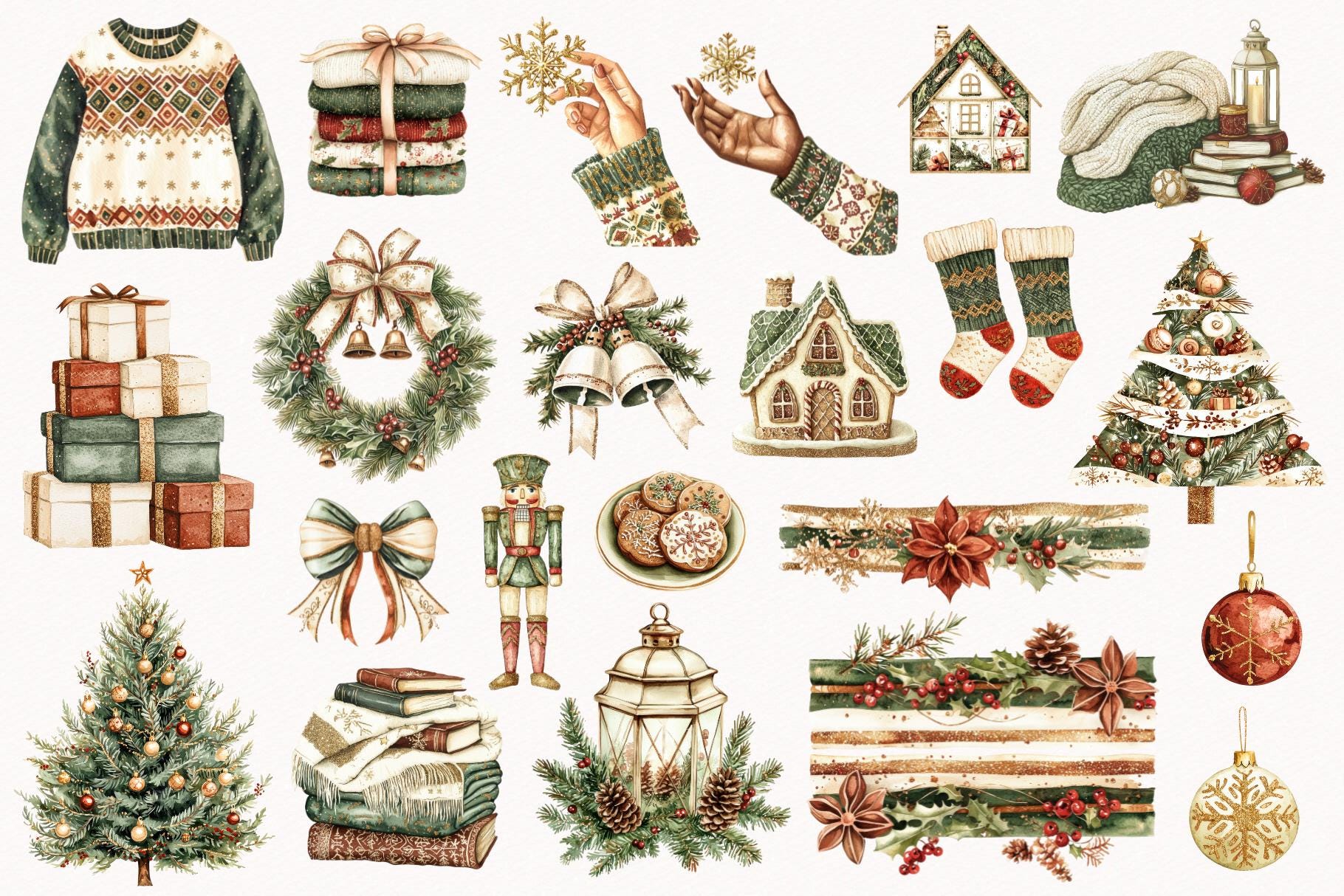 Festive Time Clipart Bundle, Watercolor Clipart, Cozy Christmas, Green ...