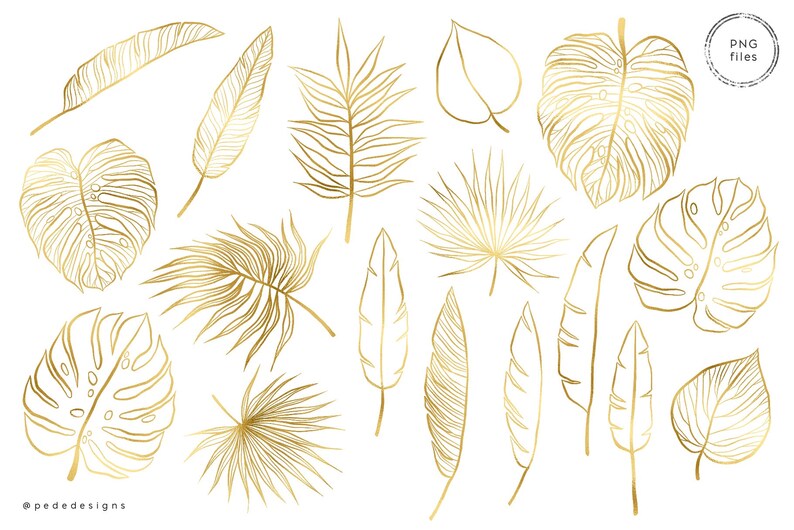 Gold Tropical Leaves Clip Art, Botanical, Monstera, Gold Foil, Hand ...