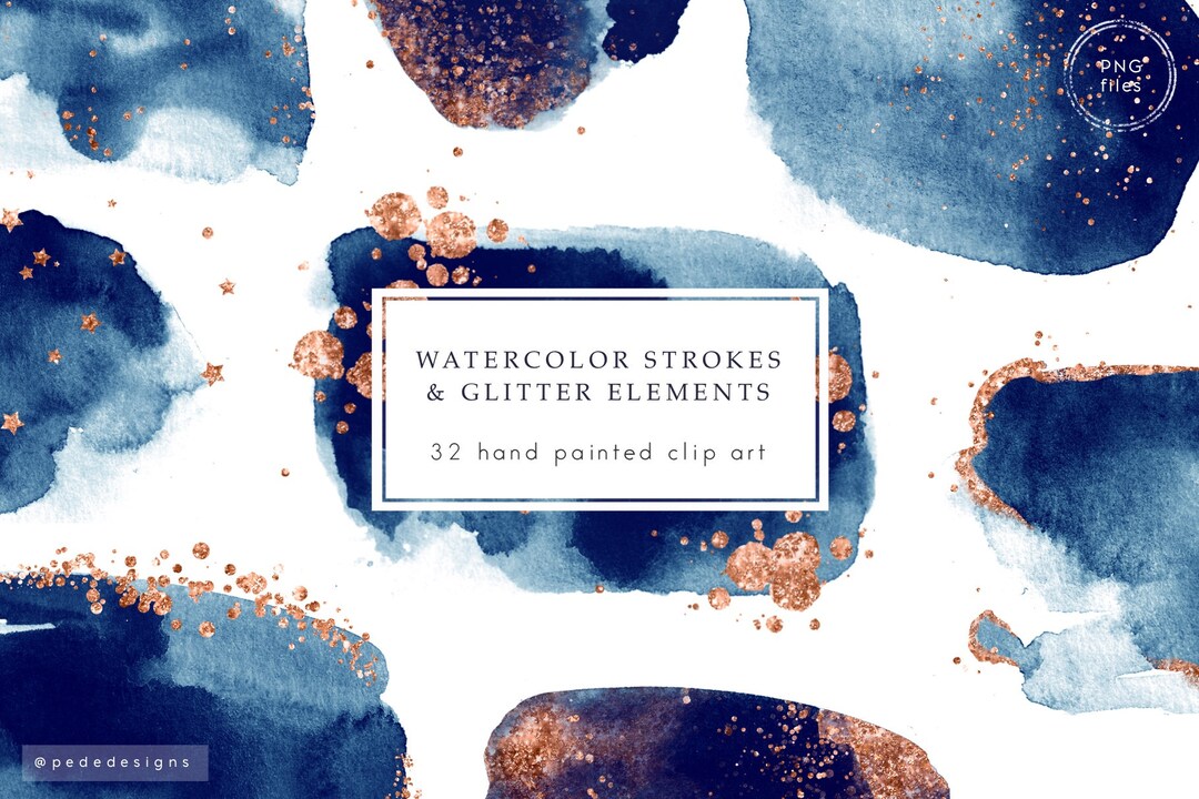 Watercolor Strokes Clipart, Rose Gold Glitter, Navy Blue Watercolor ...