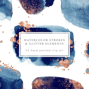 Watercolor Strokes Clipart, Rose Gold Glitter, Navy Blue Watercolor ...