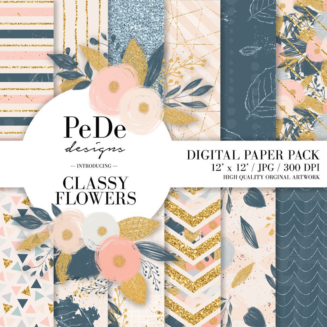 Classy Floral Digital Papers, Gold Glitter, Geometric Pattern, Hand ...