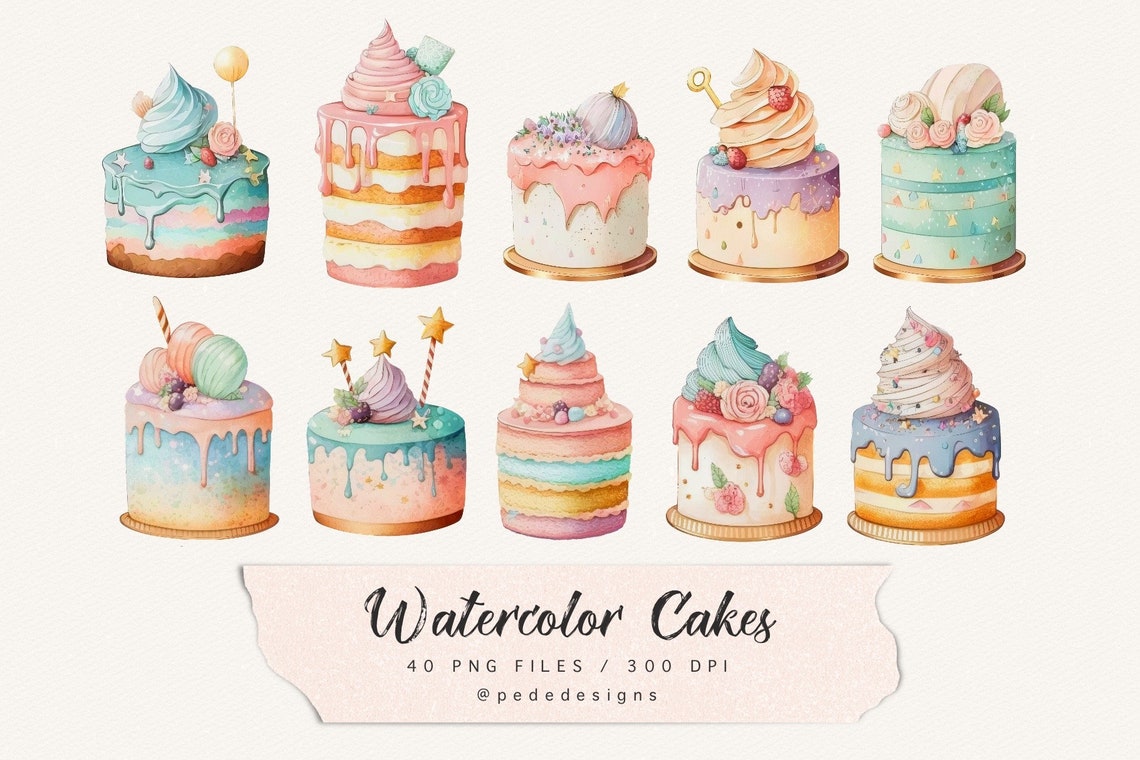 Watercolor Cakes Clip Art Birthday Clipart Dessert - Etsy