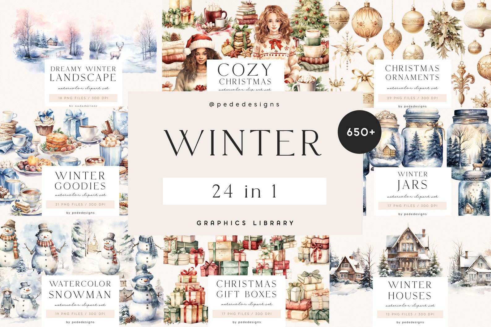 Winter Mega Bundle, Clipart Library, Watercolor Illustration, Seasonal ...