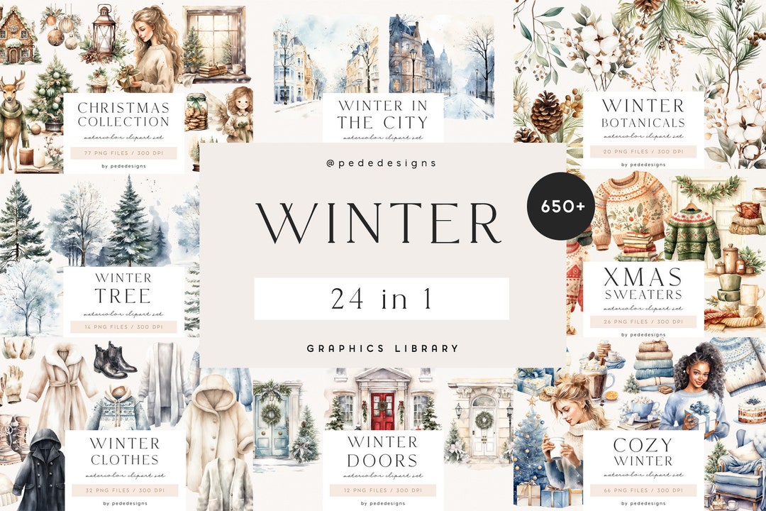 Winter Mega Bundle, Clipart Library, Watercolor Illustration, Seasonal ...