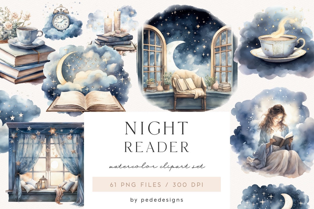 Night Reader, Watercolor Books Clipart, Moon and Stars, Night Reading ...