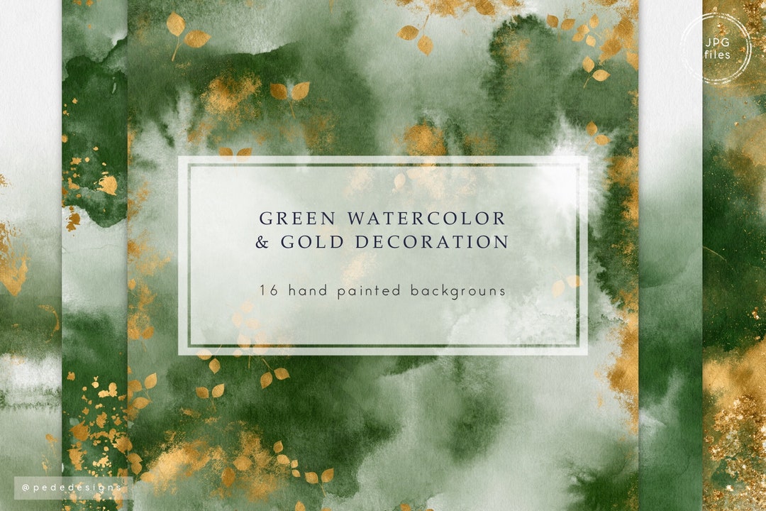 Green Watercolor Textures With Gold, Watercolor Digital Paper, Golden ...