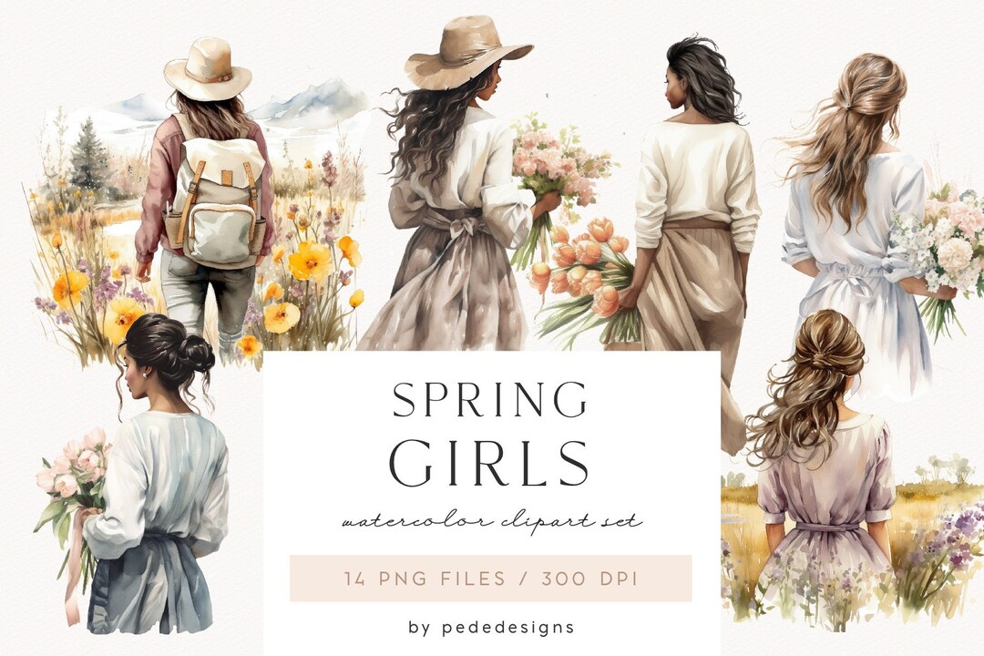 Spring Girls Clipart, Watercolor Girl Graphics, Watercolor Romantic ...