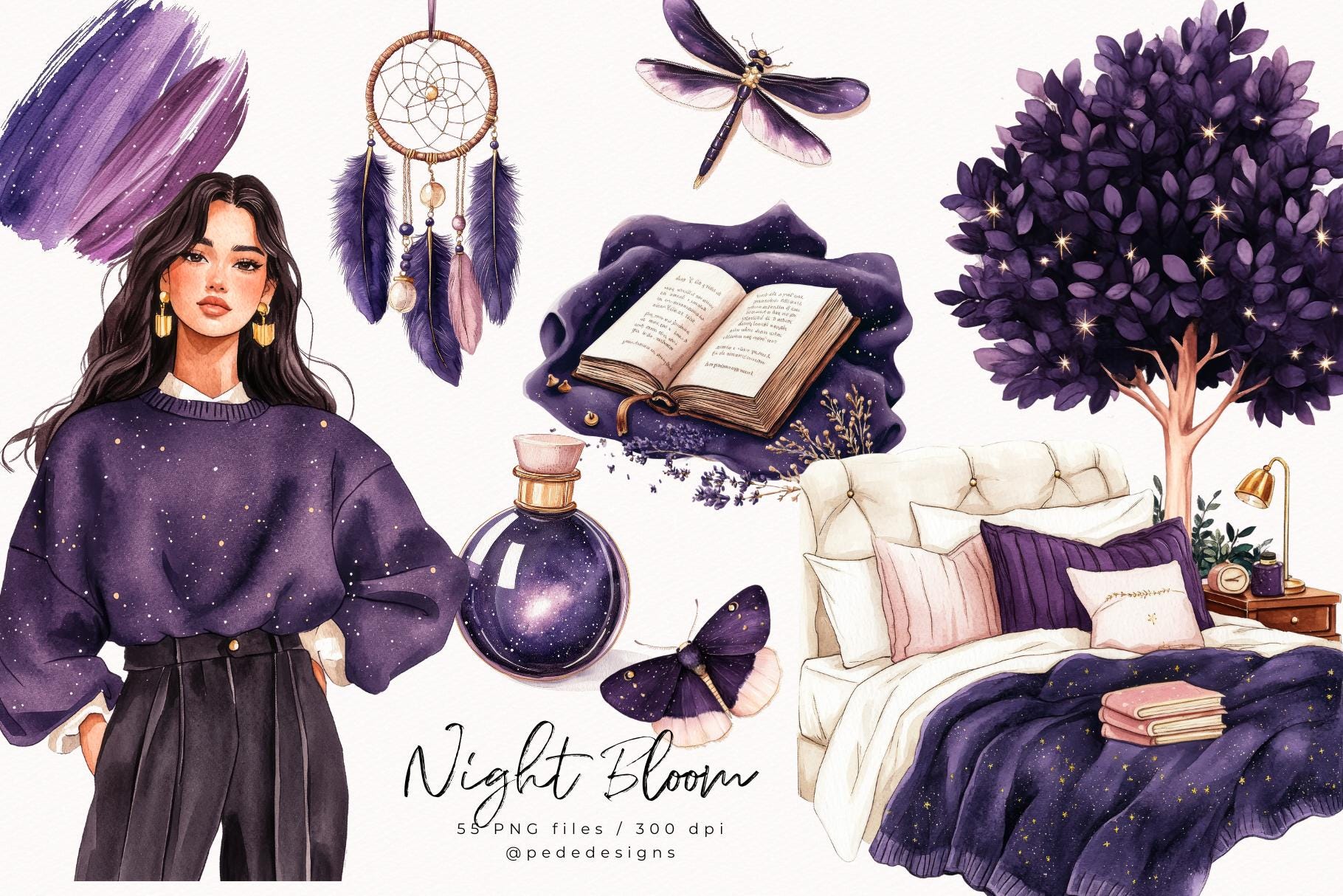 Night Bloom Collection, Clipart Library, Watercolor Illustrations ...