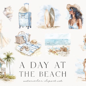 A Day at the Beach, Watercolor Summer Clipart, Travel, Girl Clipart ...