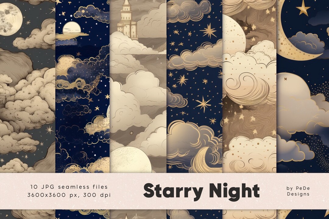 Starry Night Digital Paper, Nursery Digital Paper Pack, Seamless Night ...